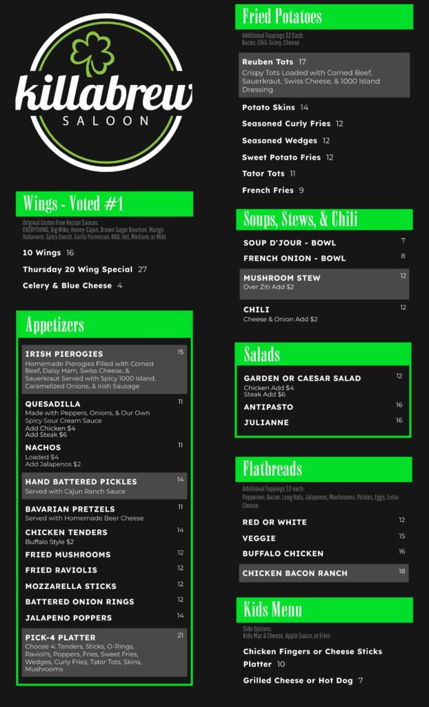 Our Menu - Killabrew Saloon | Bar & Restaurant | Serving Utica, NY