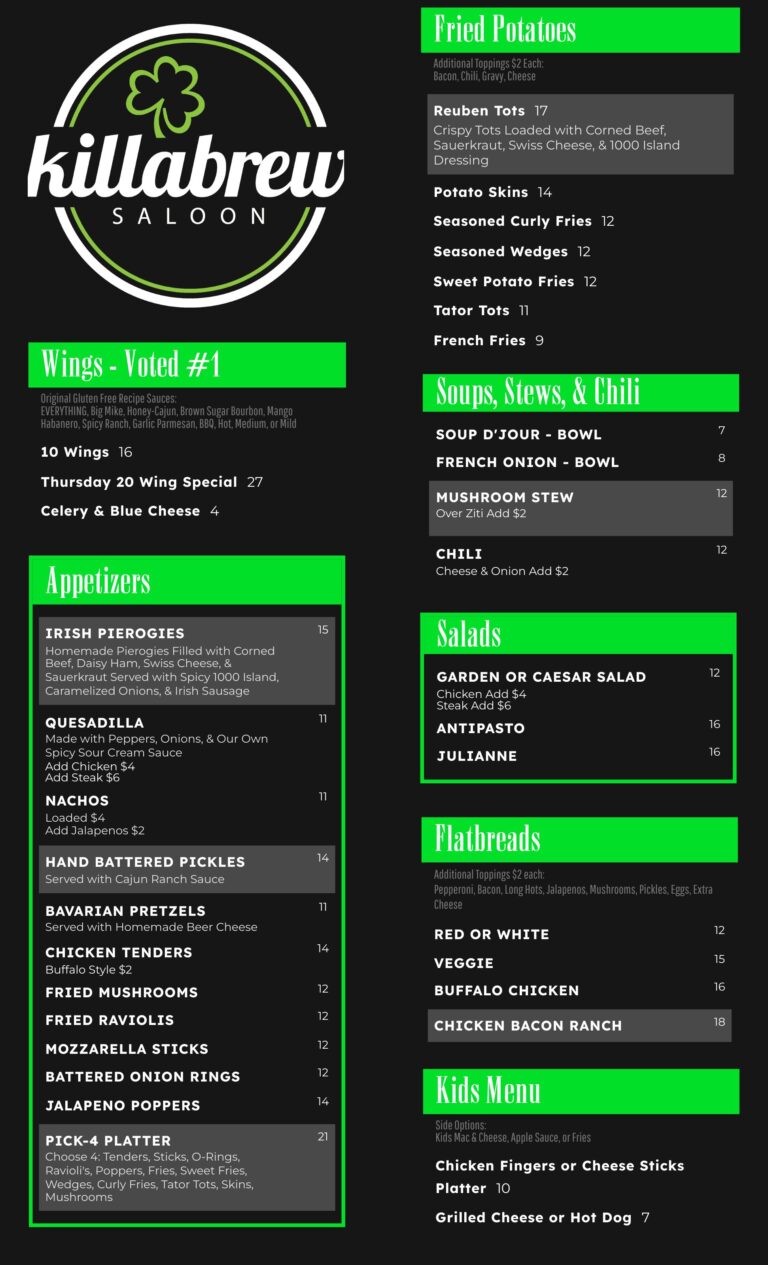 Our Menu - Killabrew Saloon | Bar & Restaurant | Serving Utica, NY