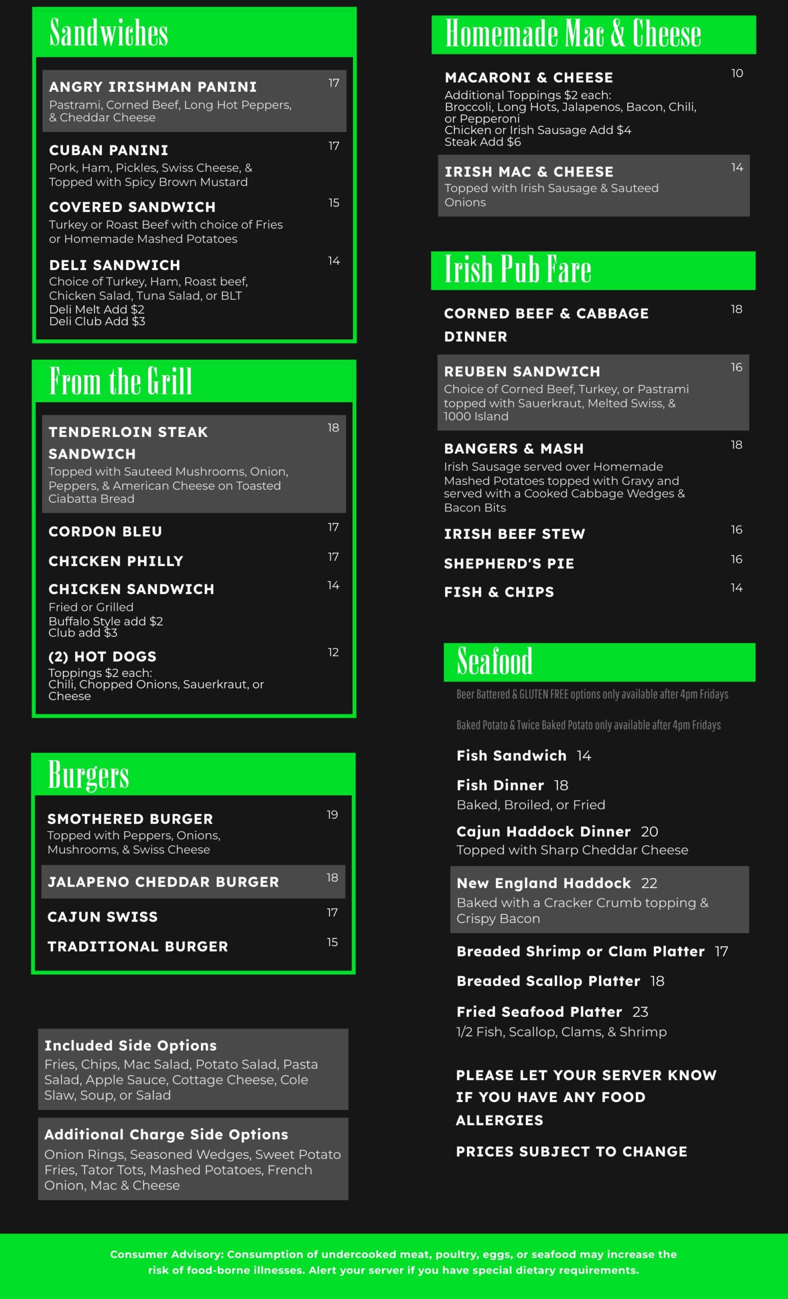 Our Menu - Killabrew Saloon | Bar & Restaurant | Serving Utica, NY